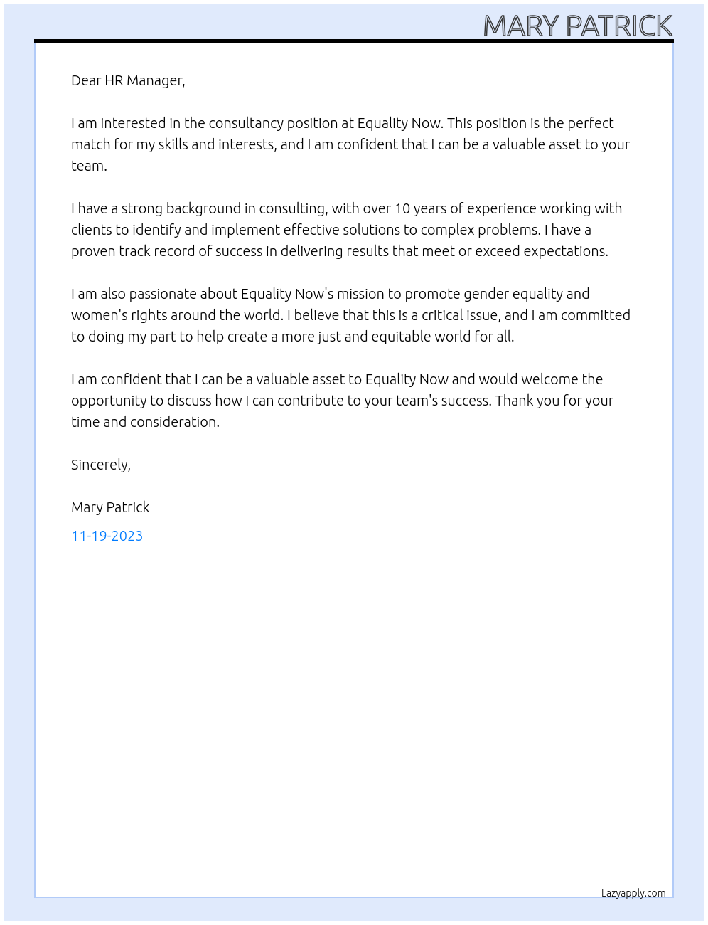 Cover letter for consultancy - LazyApply