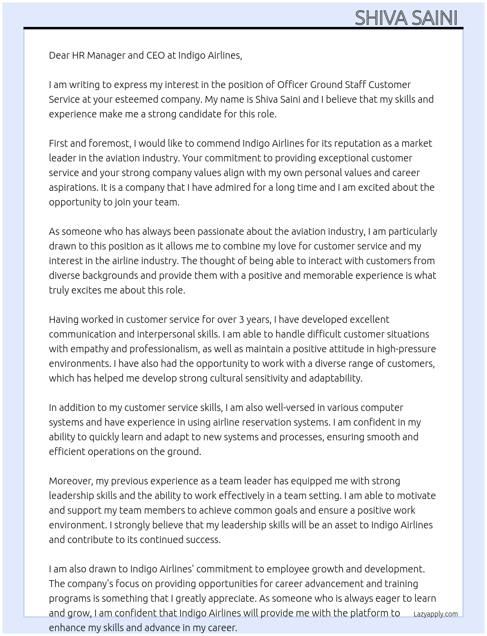 Cover letter for officer ground staff customer service - LazyApply