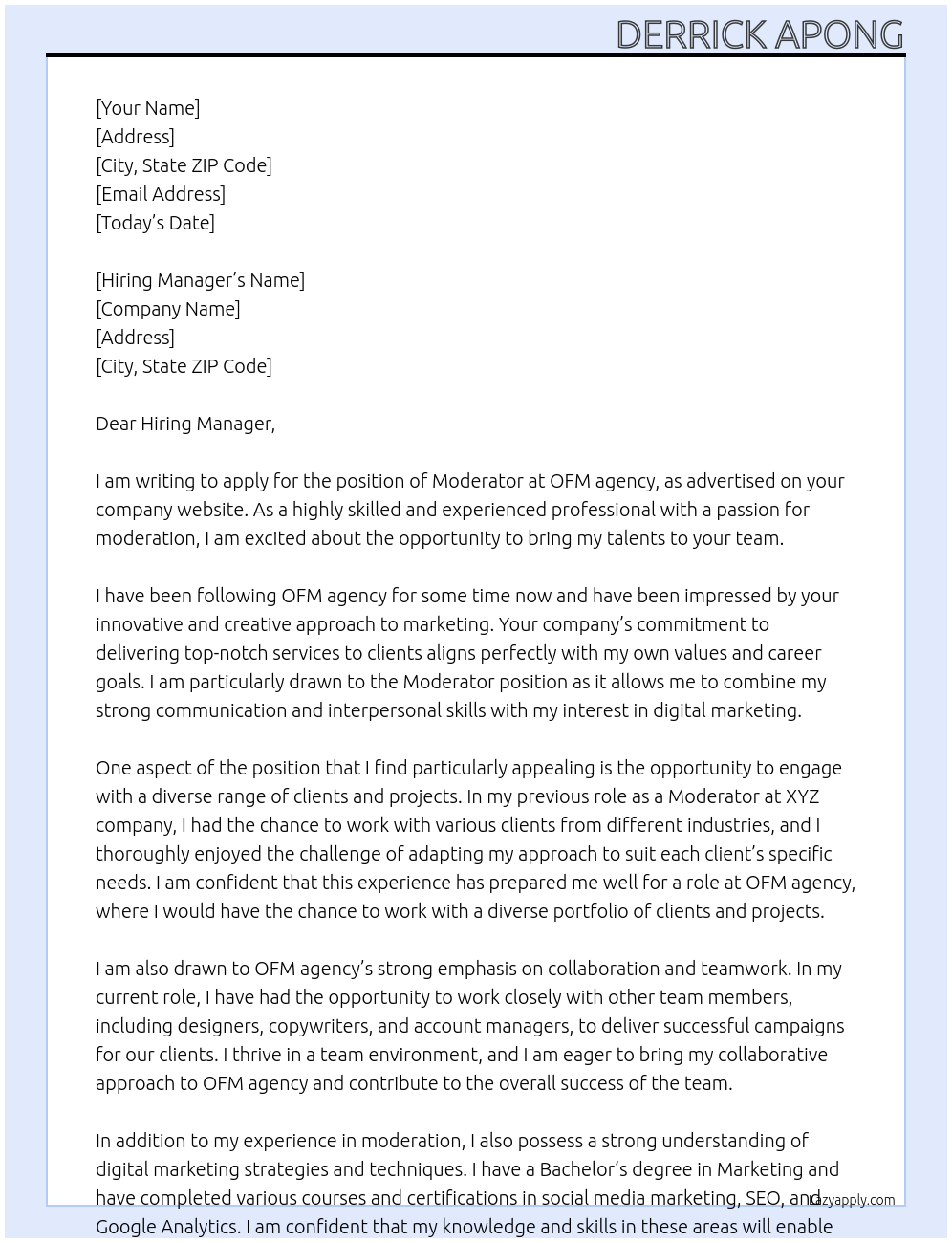 Cover letter for moderator - LazyApply