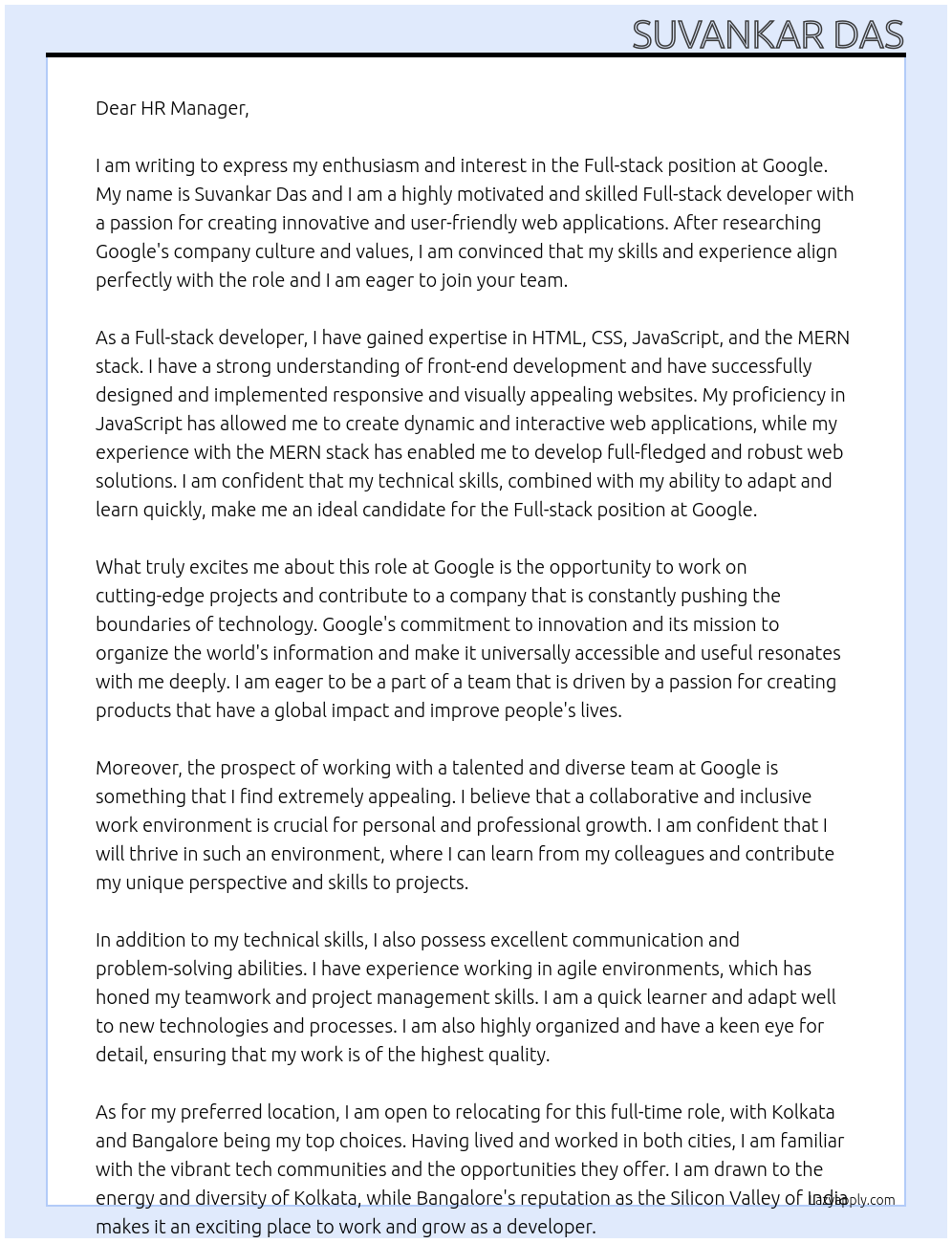 Cover letter for fullstack - LazyApply