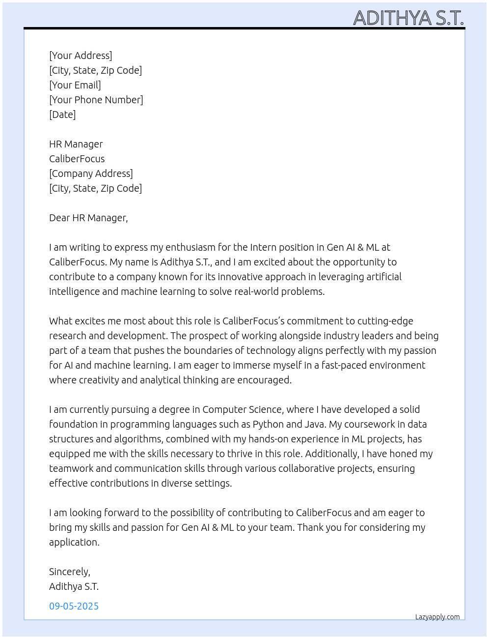 Cover letter for interns – gen ai & ml - LazyApply