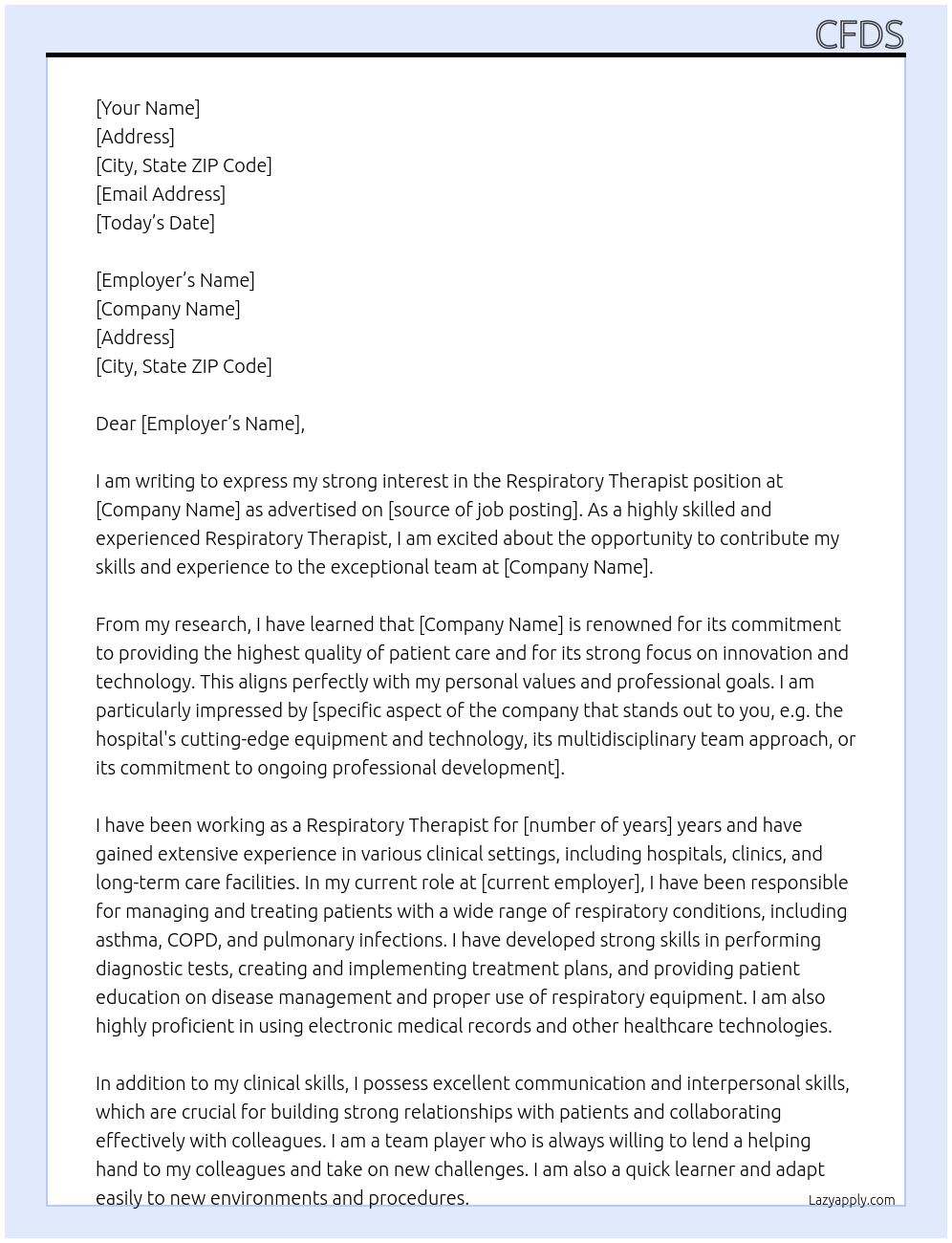 Cover letter for respiratory therapist - LazyApply