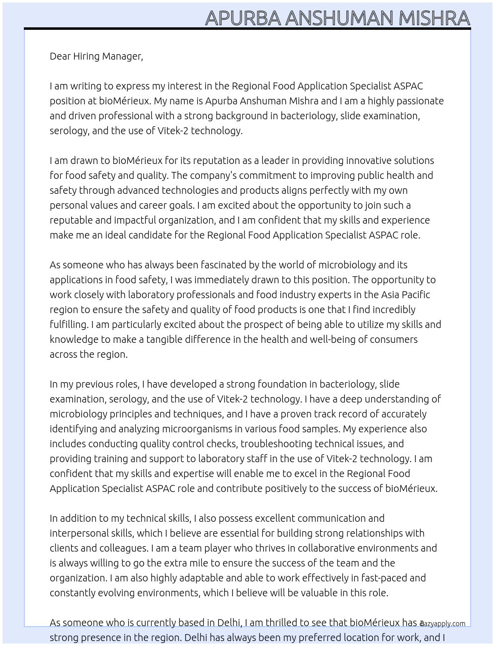 Cover letter for regional food application specialist aspac - LazyApply