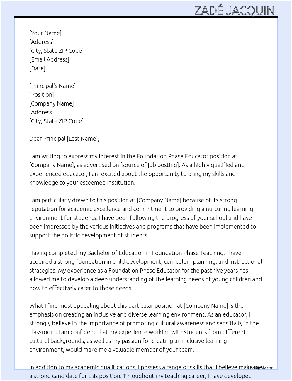 Cover letter for foundation phase educator - LazyApply