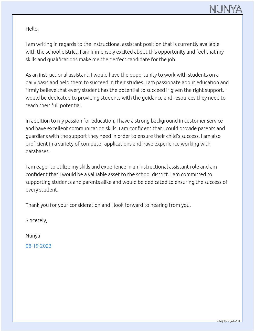 Cover letter for instructional assistant - LazyApply