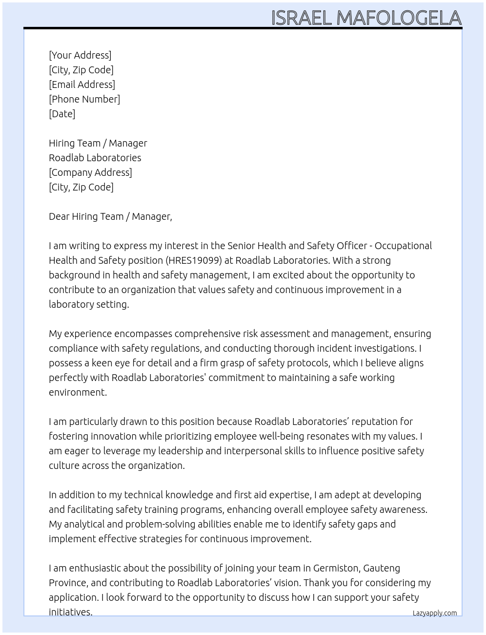 Cover letter for senior health and safety officer - occupational health ...