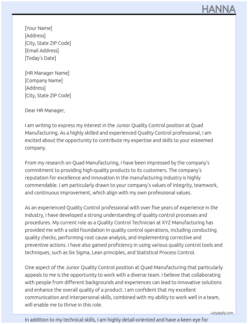 Cover letter for junior quality control - LazyApply