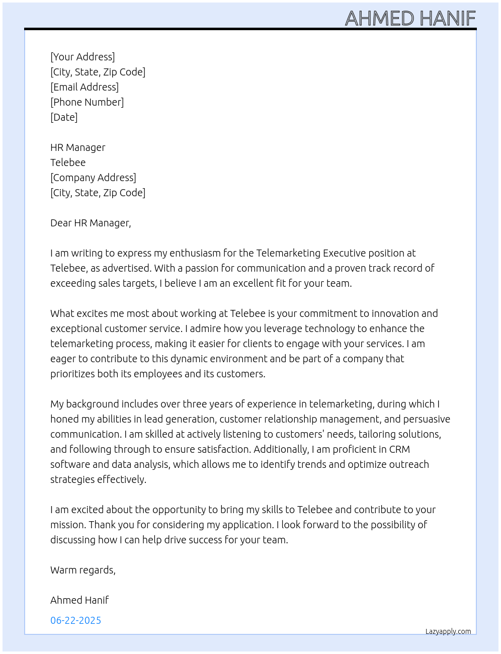 Cover letter for telemarketing executive - LazyApply