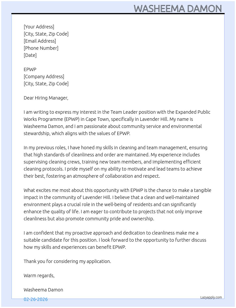 Cover letter for city of cape town epwp - LazyApply