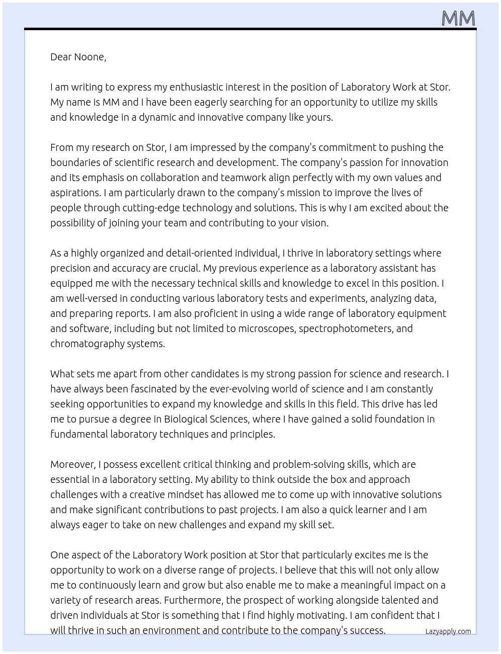 Cover letter for laboratory work - LazyApply