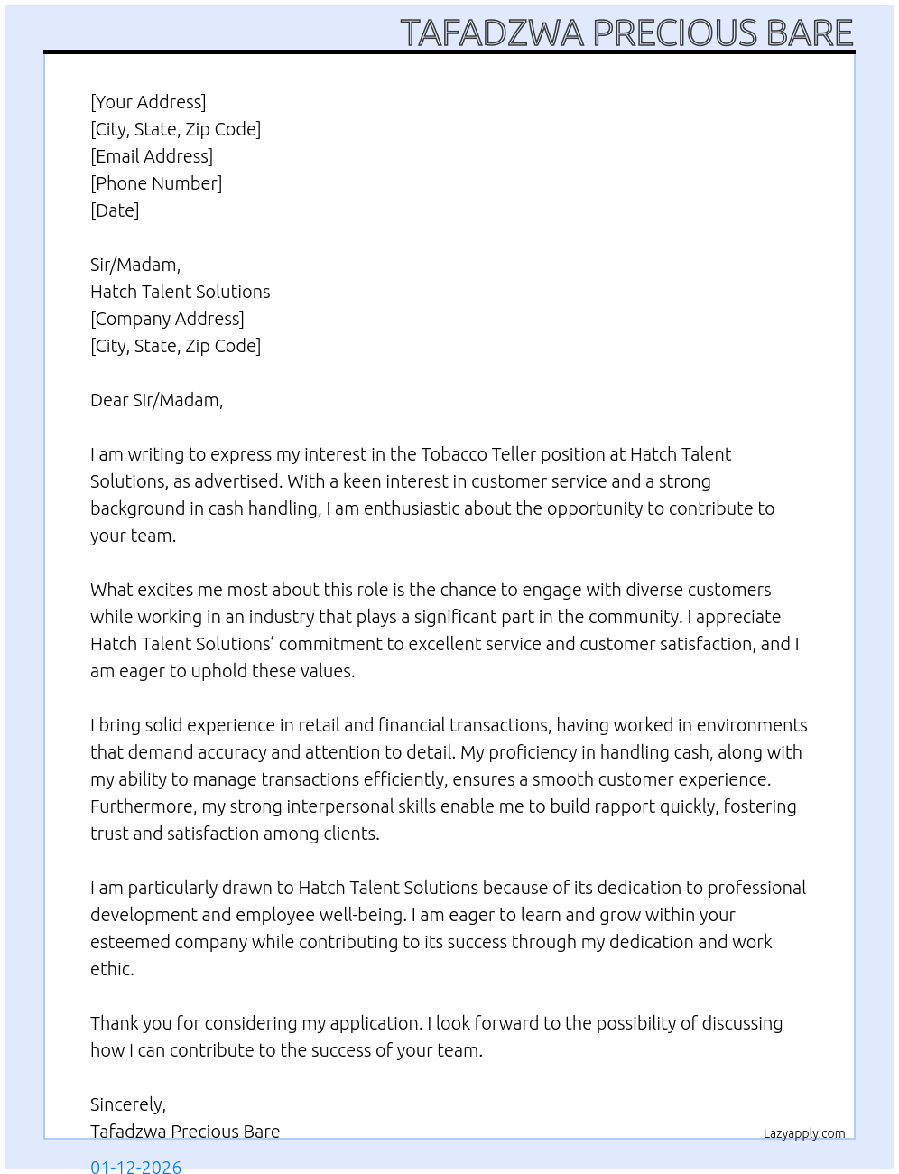 Cover letter for tobacco teller - LazyApply