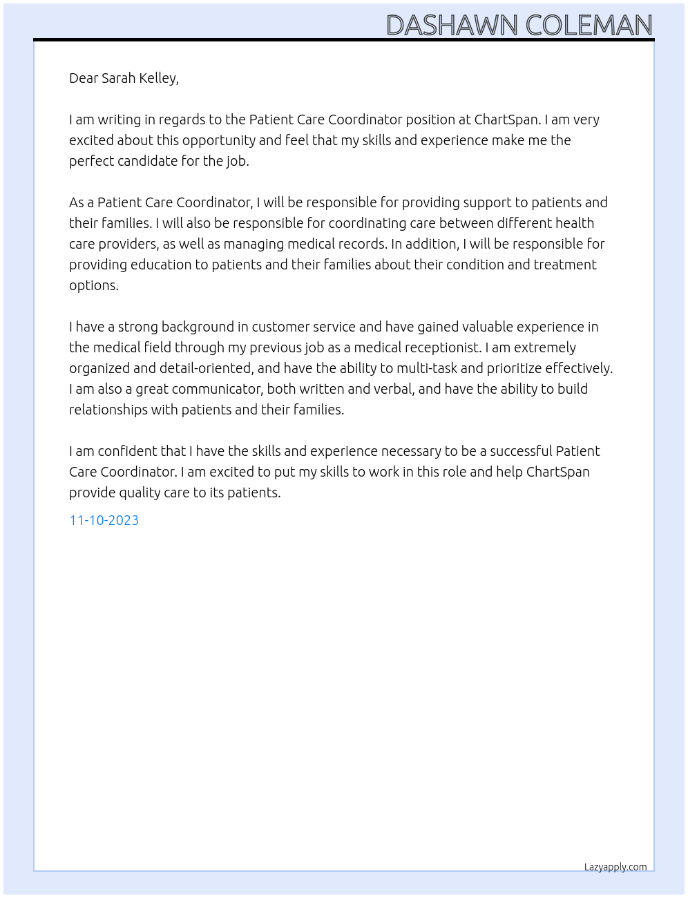 Cover letter for patient care coordinator - LazyApply