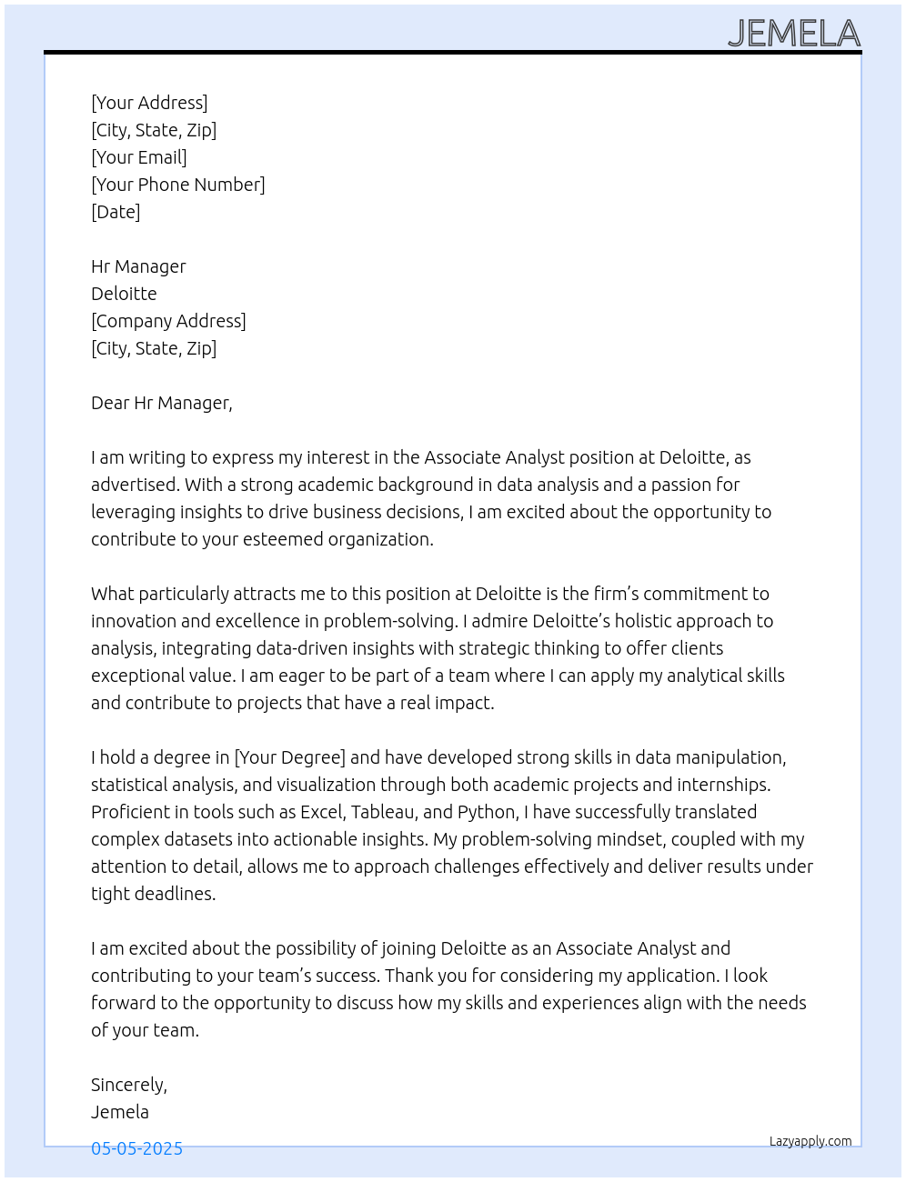 Cover letter for associate analyst - LazyApply