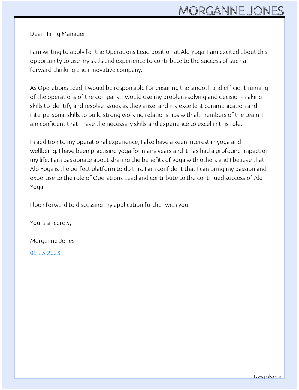 Cover letter for operations lead - LazyApply