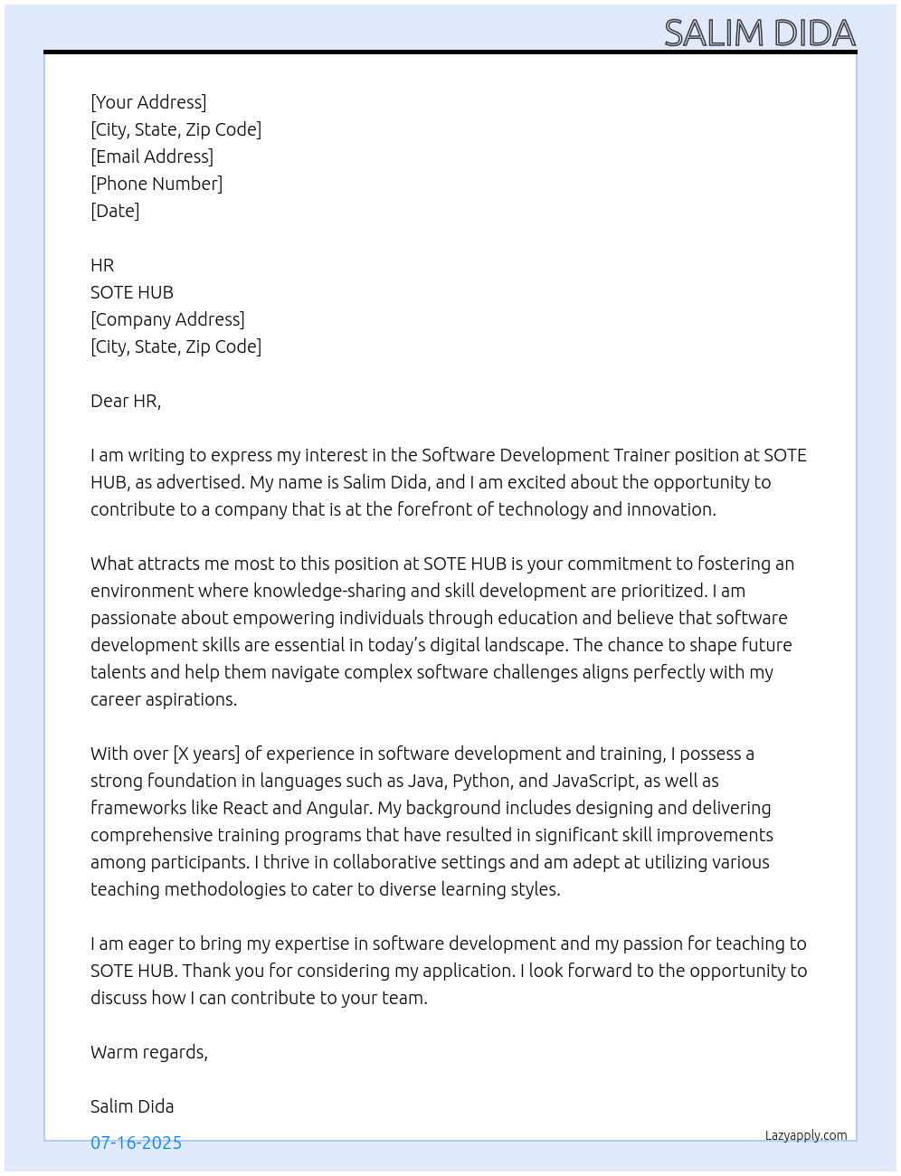 Cover letter for software development trainer - LazyApply