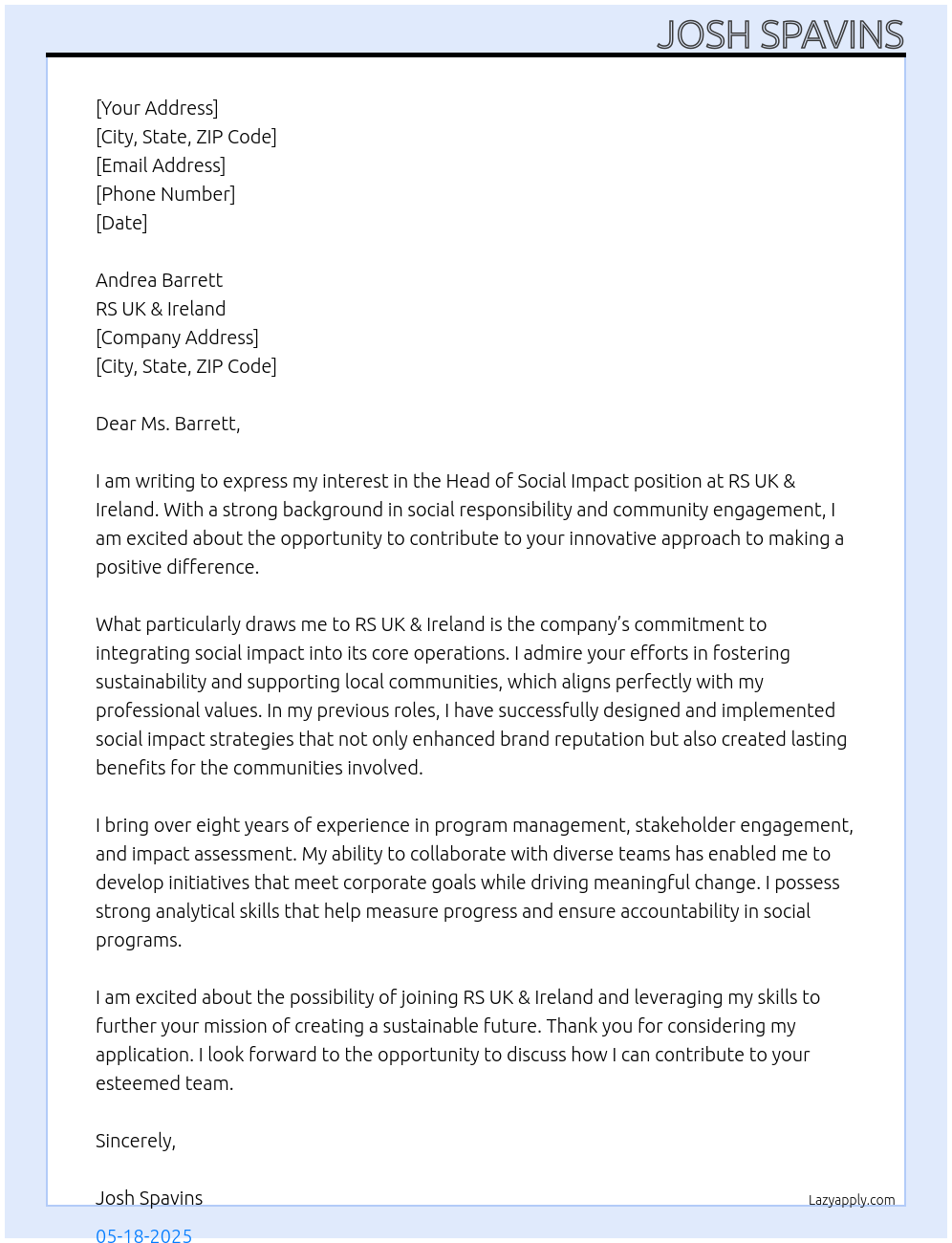 Cover letter for head of social impact - LazyApply