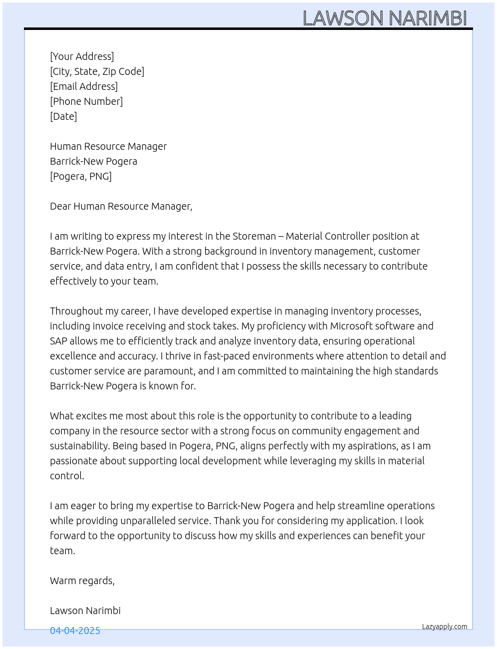 Cover letter for storeman – material controller - LazyApply