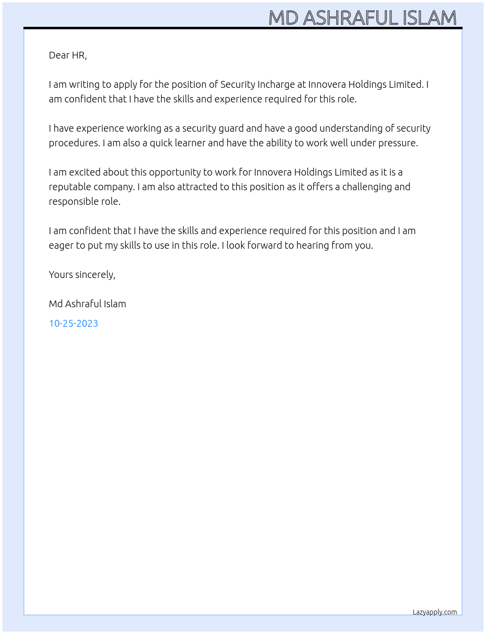 Cover letter for security incharge - LazyApply