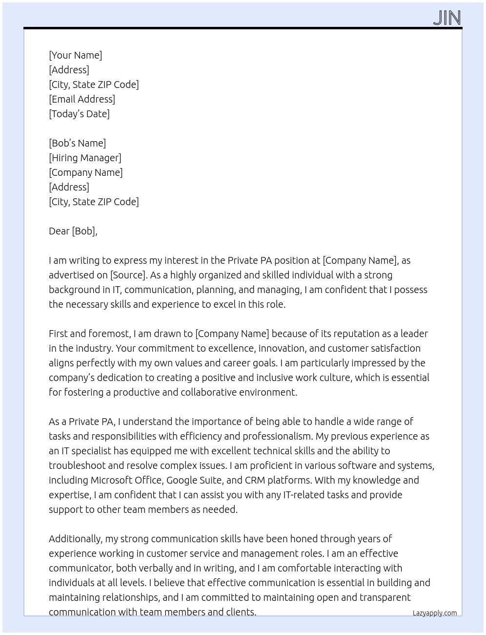 Cover letter for private pa - LazyApply