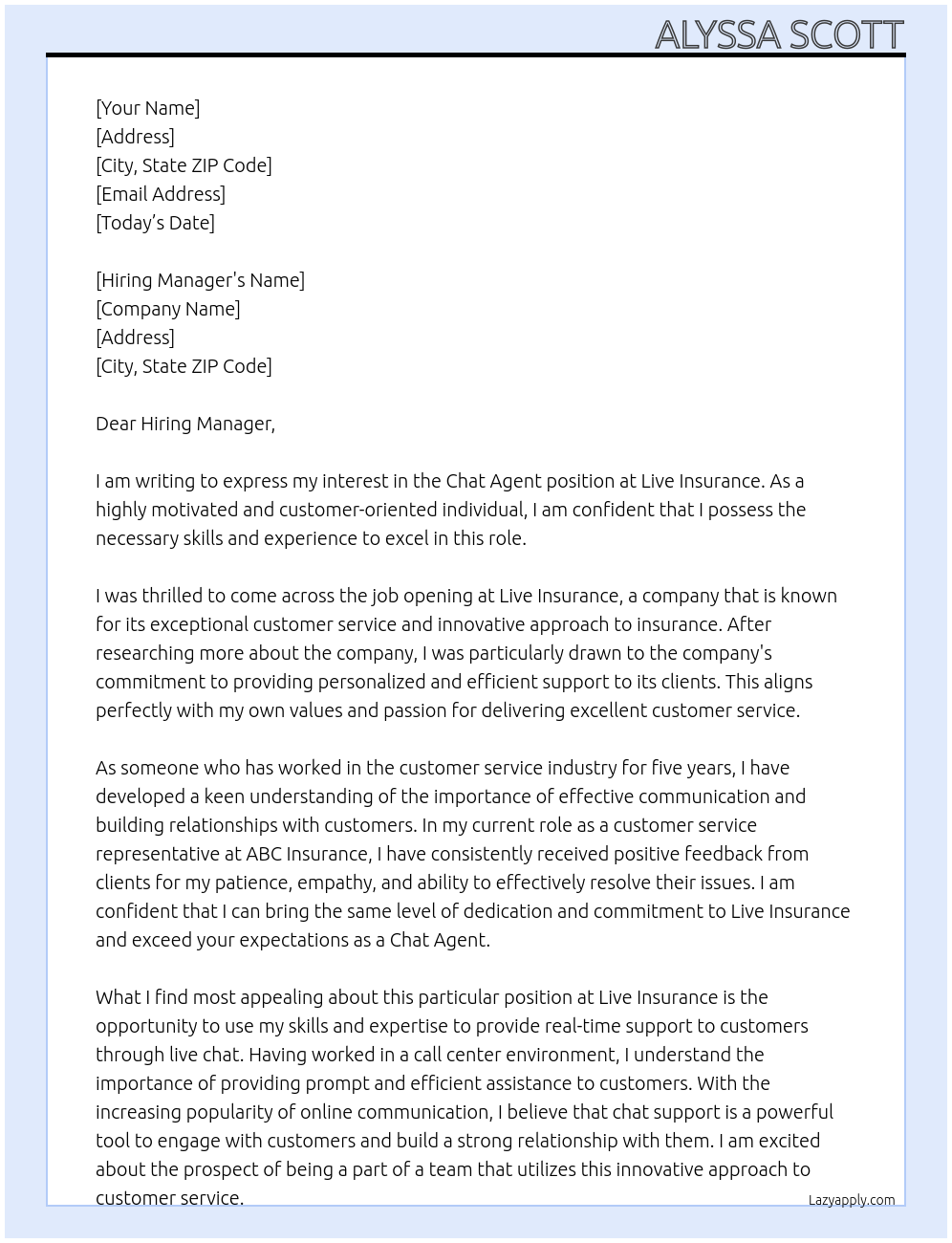 Cover letter for chat agent - LazyApply