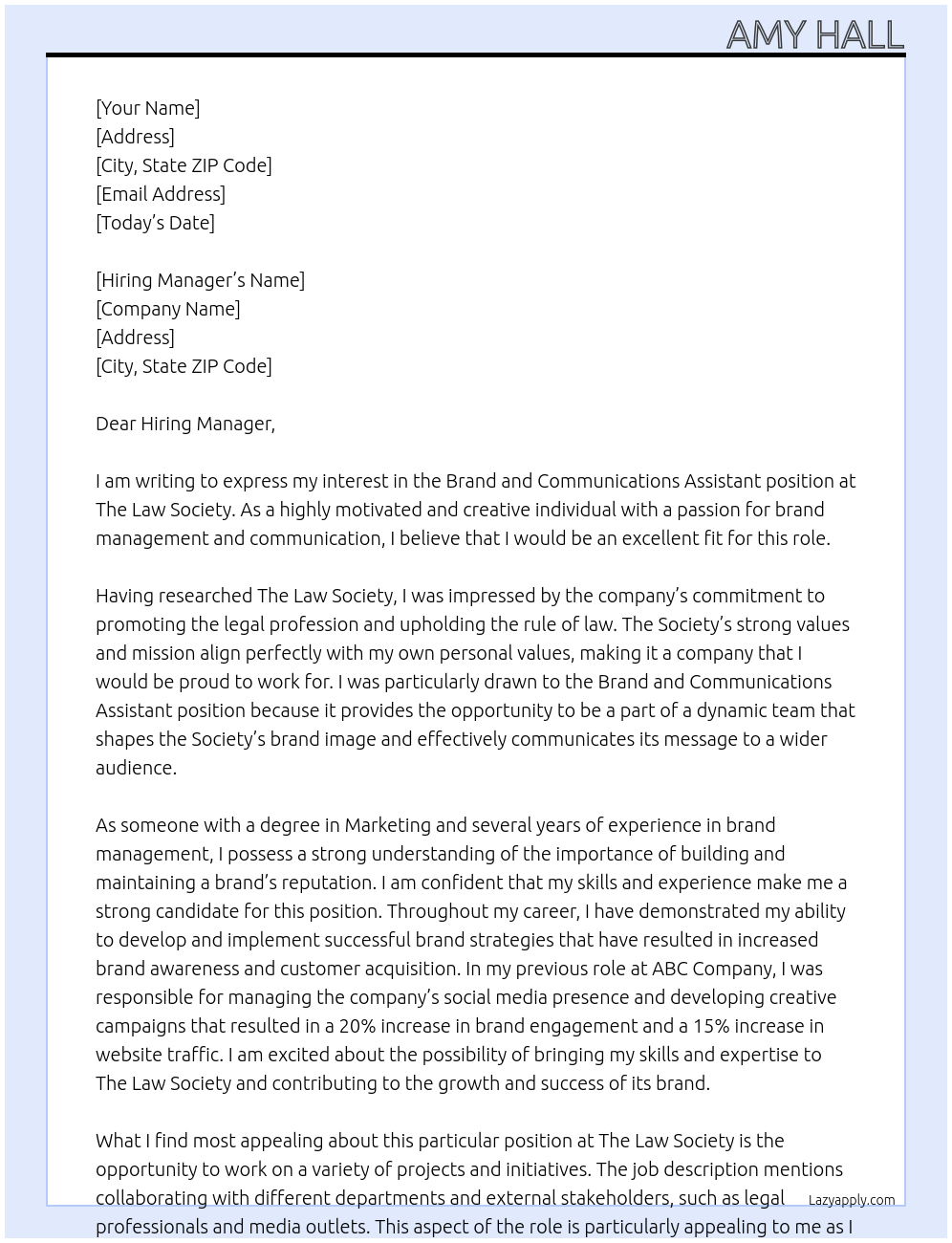 Cover letter for brand and communications assistant - LazyApply