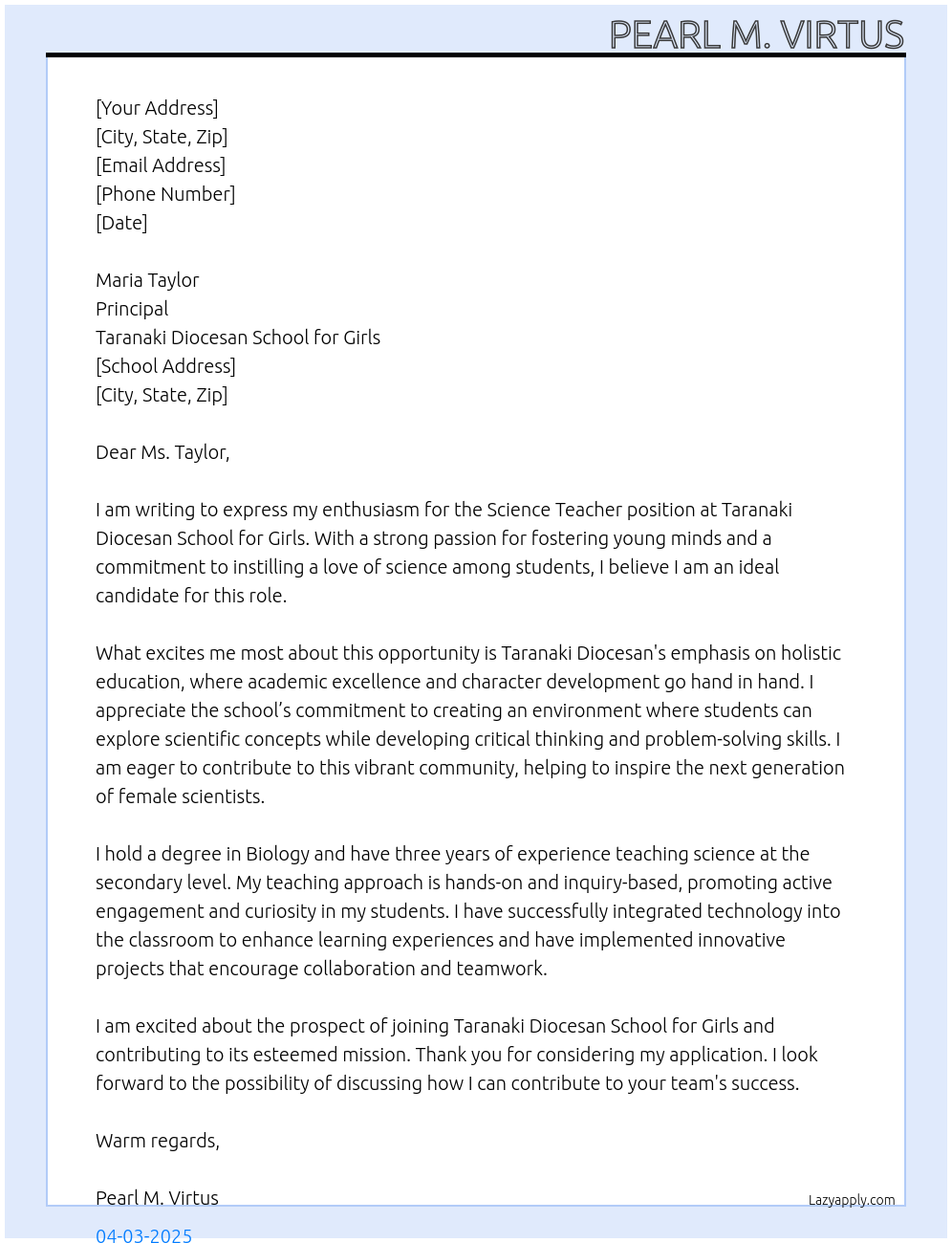 Cover letter for science teacher - LazyApply