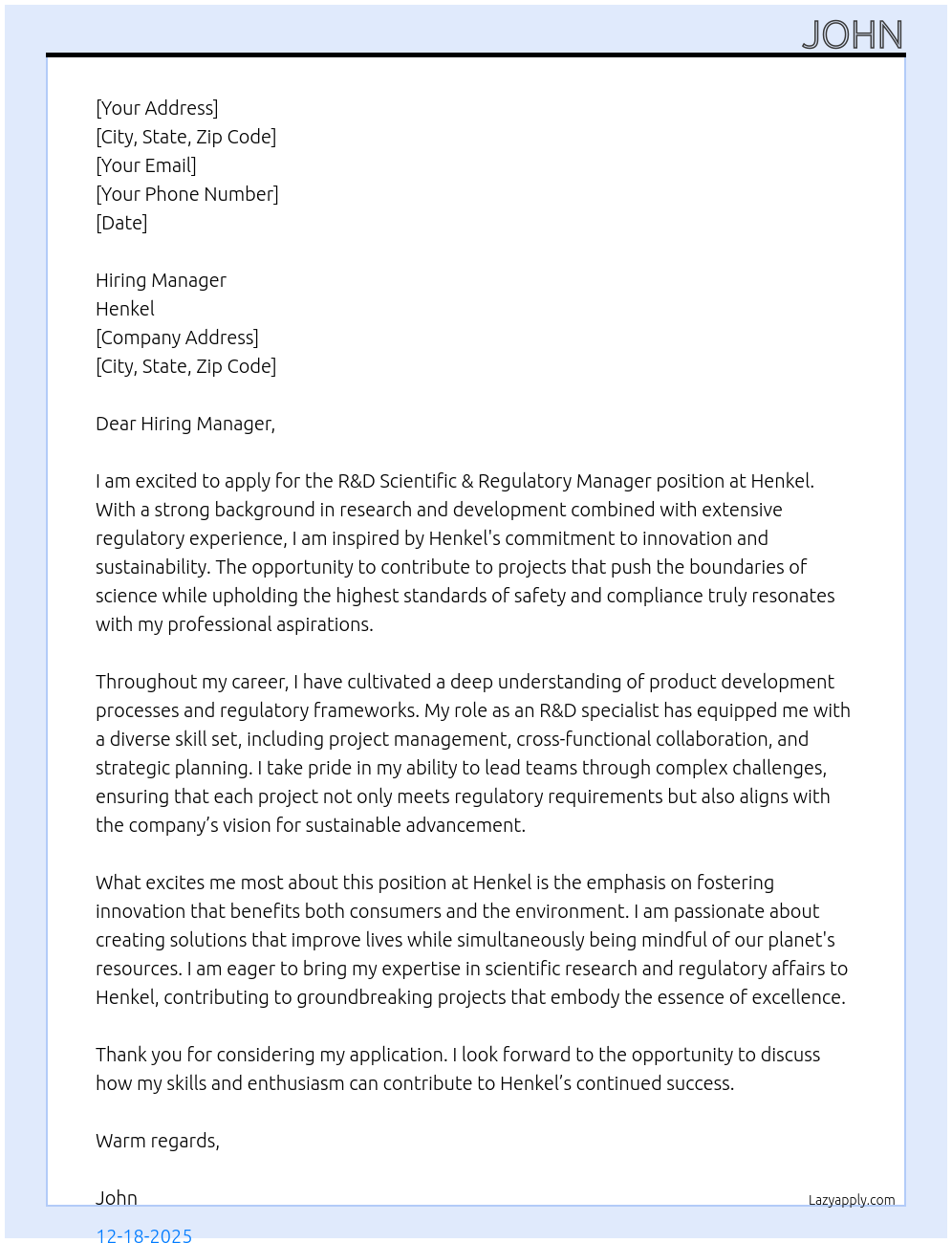 Cover letter for r&d scientific & regulatory manager - LazyApply