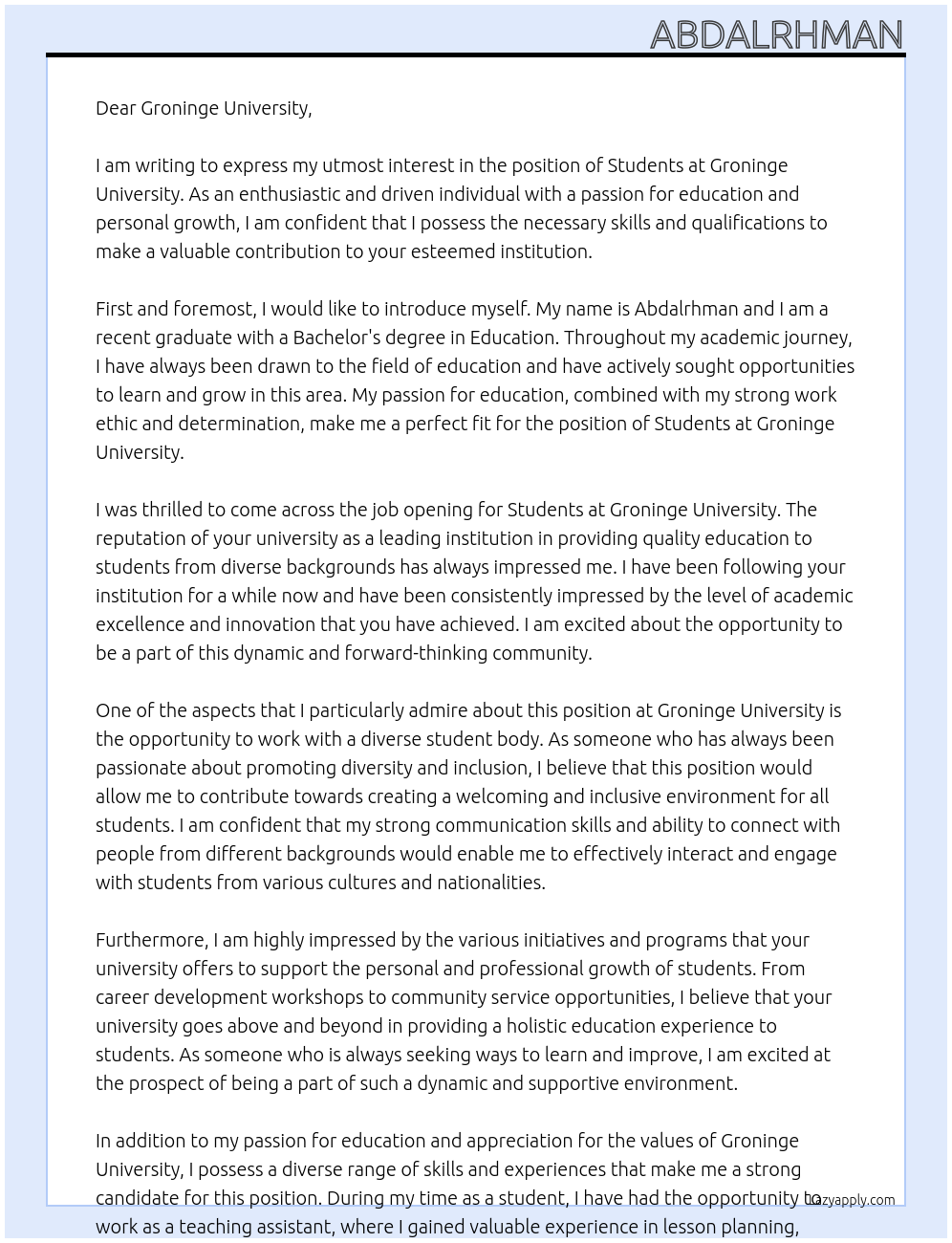 Cover letter for students - LazyApply