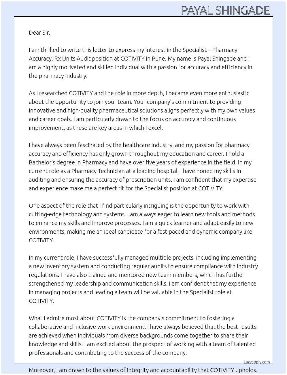 Cover letter for specialist –pharmacy accuracy, rx units audit - LazyApply
