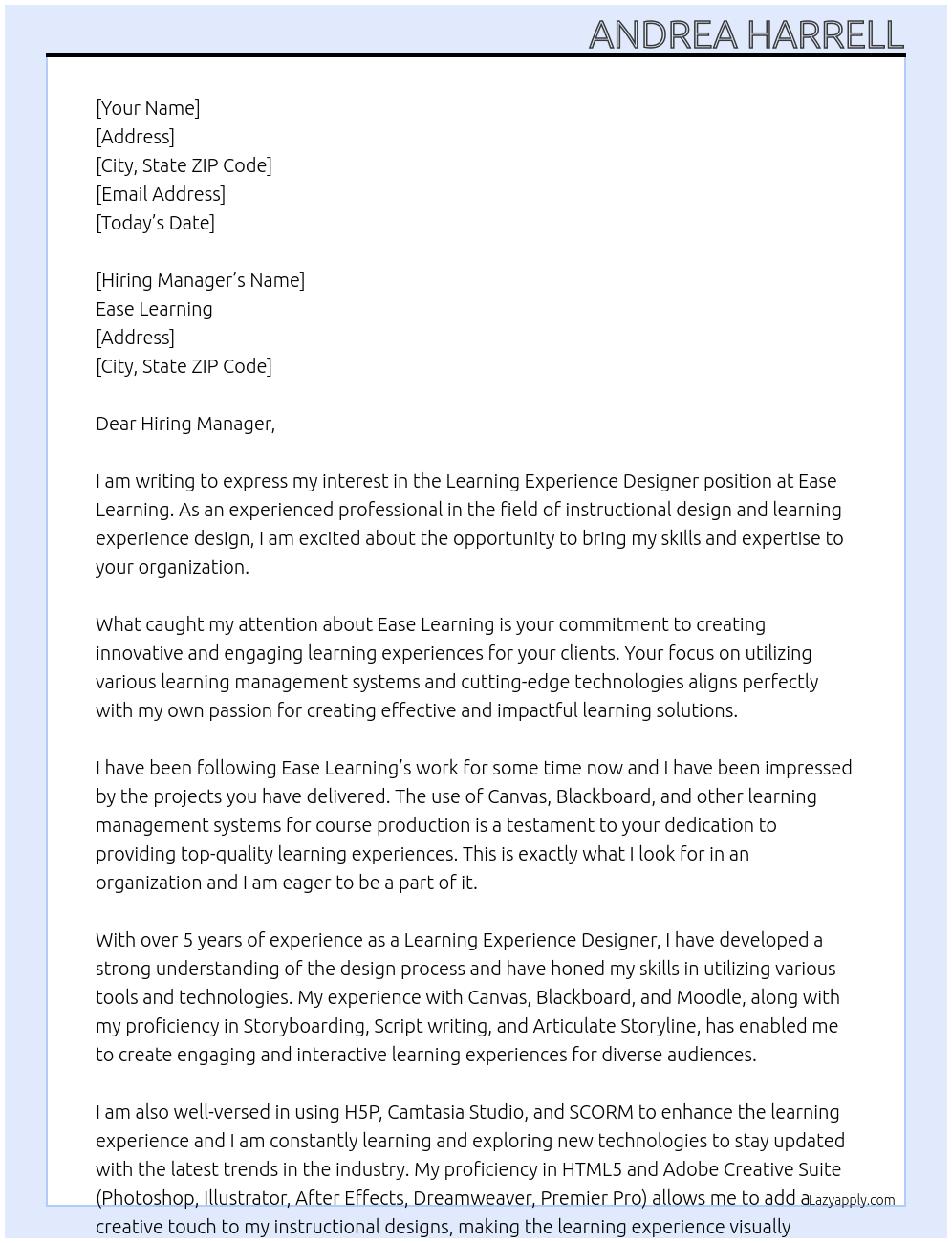 Cover letter for learning experience designer - LazyApply