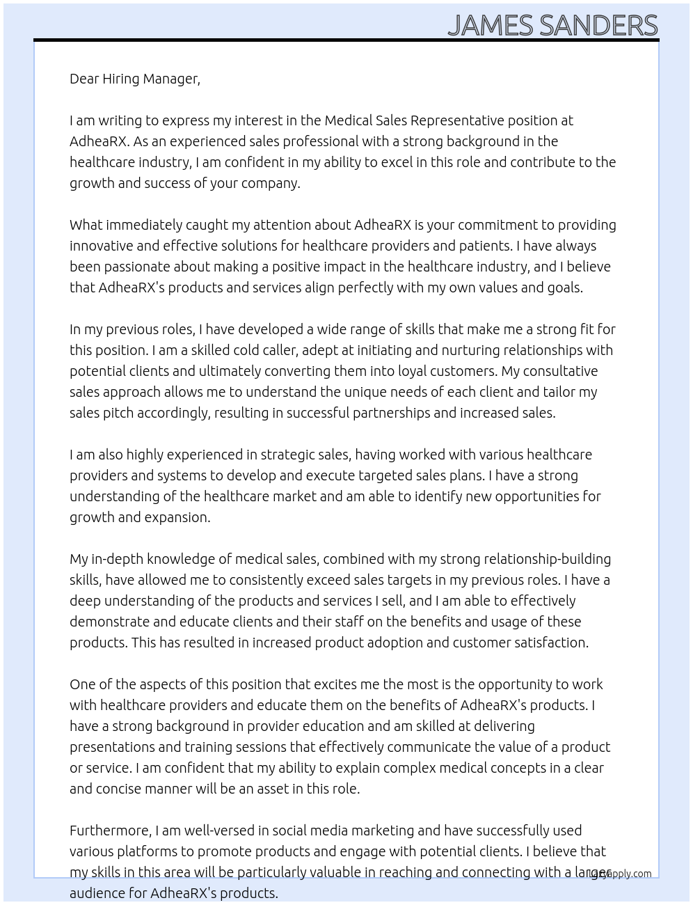 Cover letter for medical sales representative - LazyApply