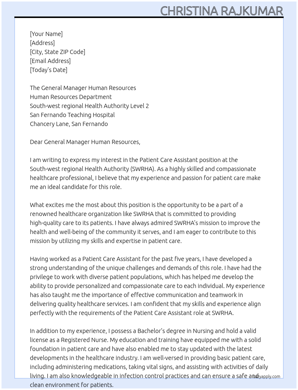 Cover letter for patient care assistant - LazyApply