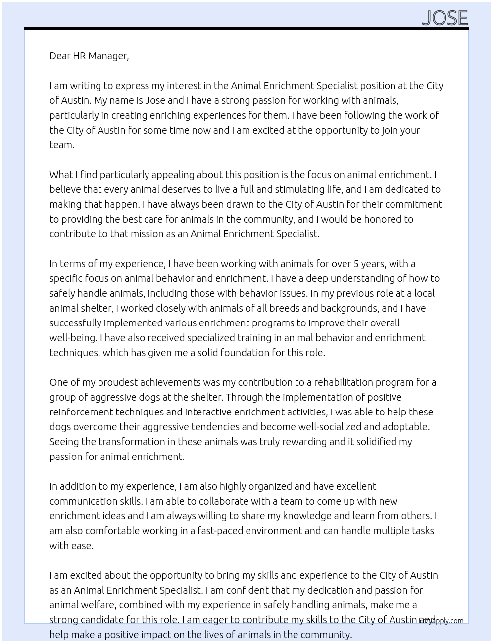 Cover letter for animal enrichment specialist - LazyApply