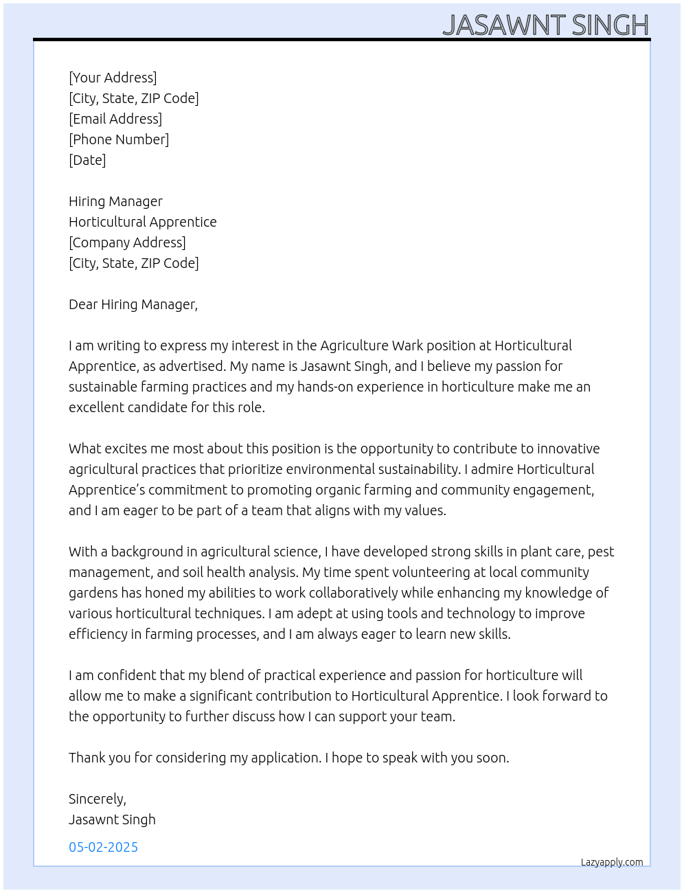 Cover letter for agriculture wark - LazyApply
