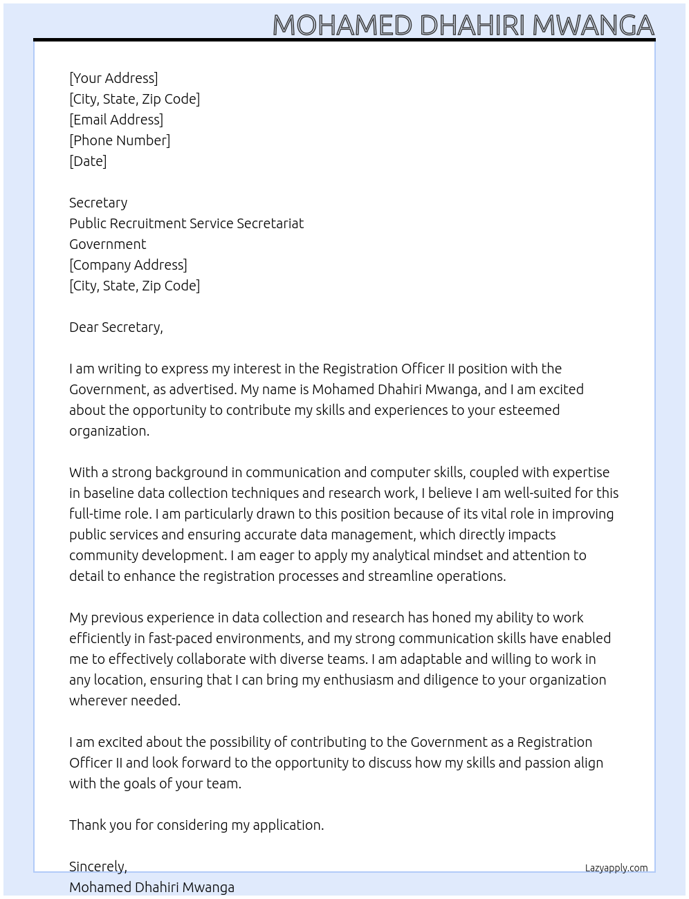 Cover letter for registration officer ii - LazyApply