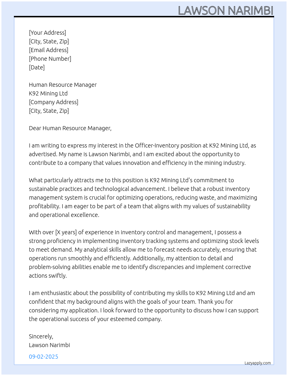 Cover letter for officer-inventory - LazyApply