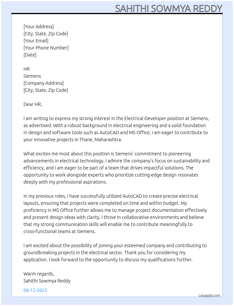 Cover letter for electrical developer - LazyApply