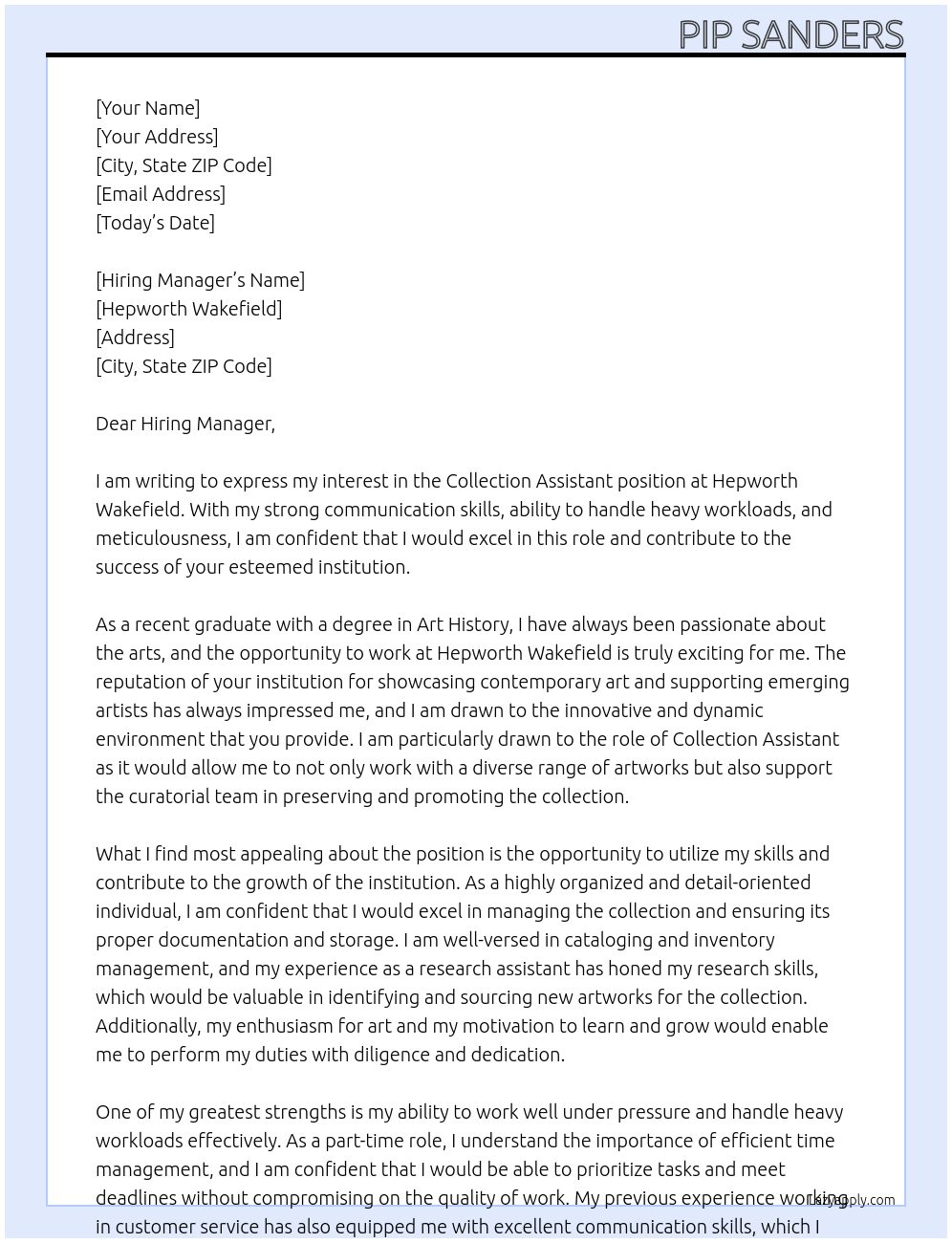 Cover letter for collection assistant - LazyApply