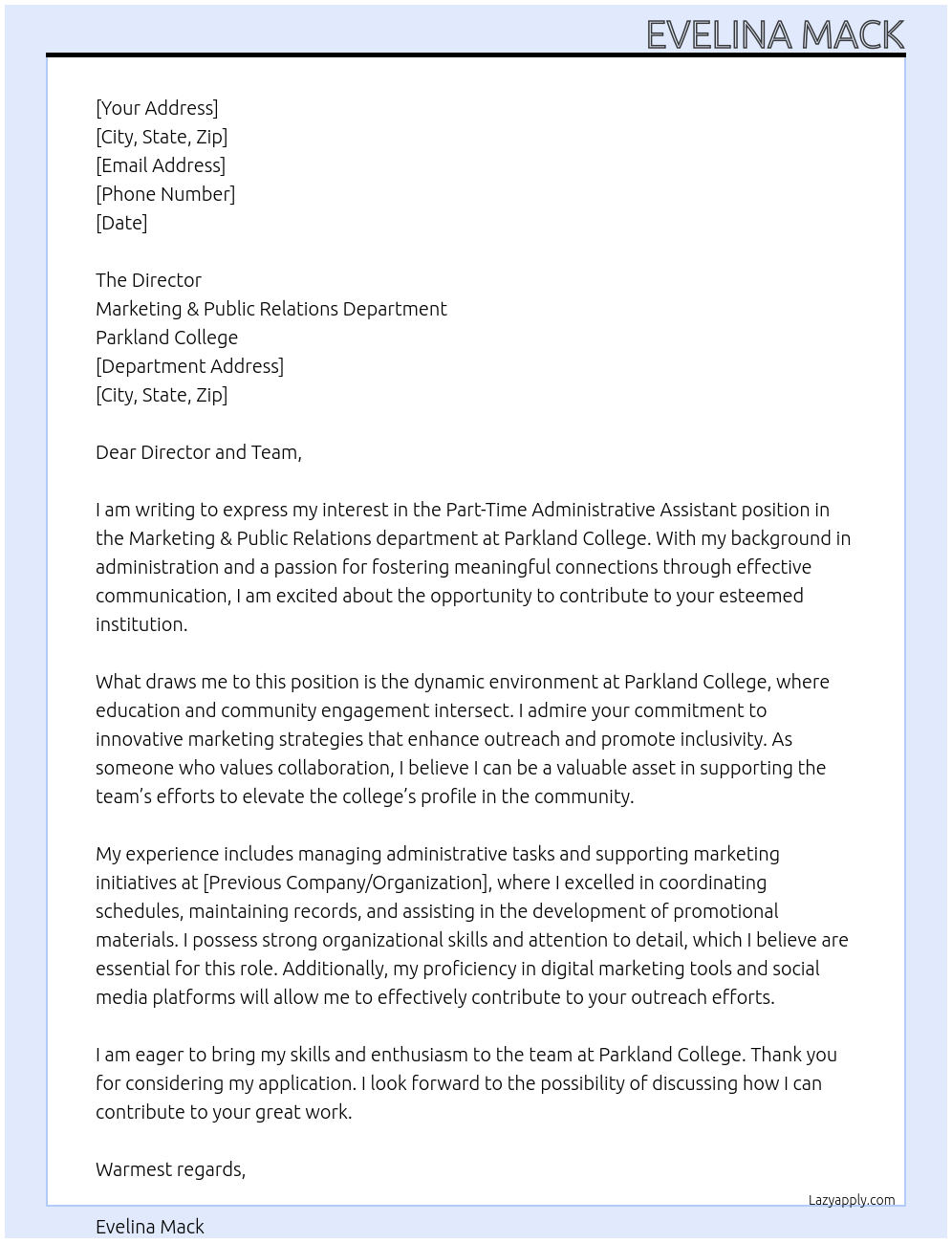 Cover letter for part-time administrative assistant, marketing & public ...