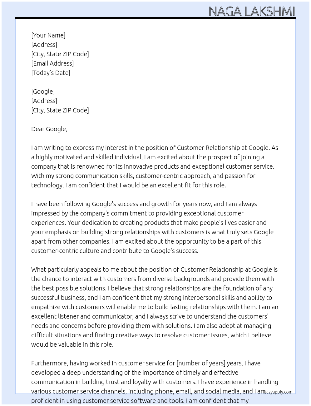 Cover letter for customer relationship - LazyApply
