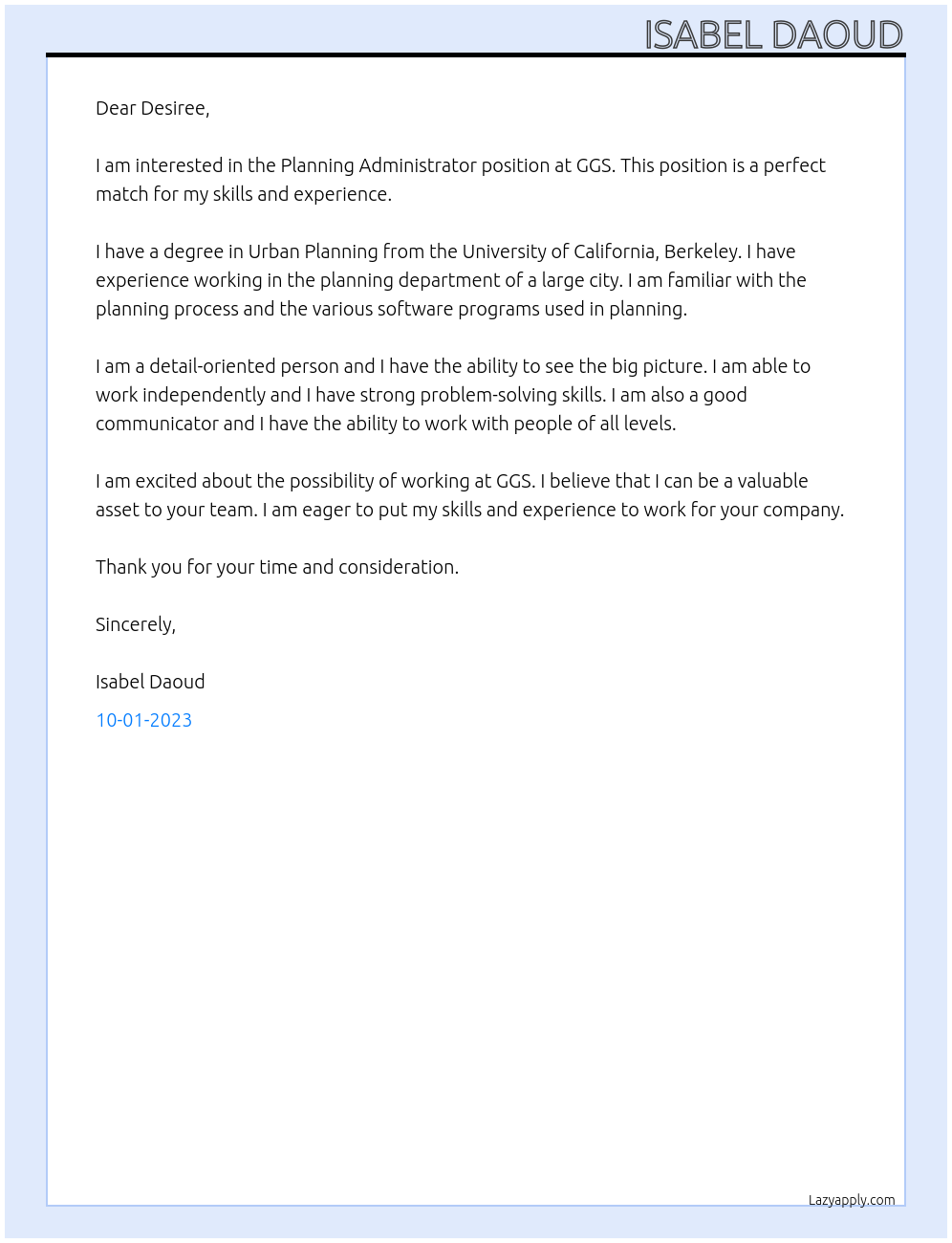 Cover letter for planning administrator - LazyApply