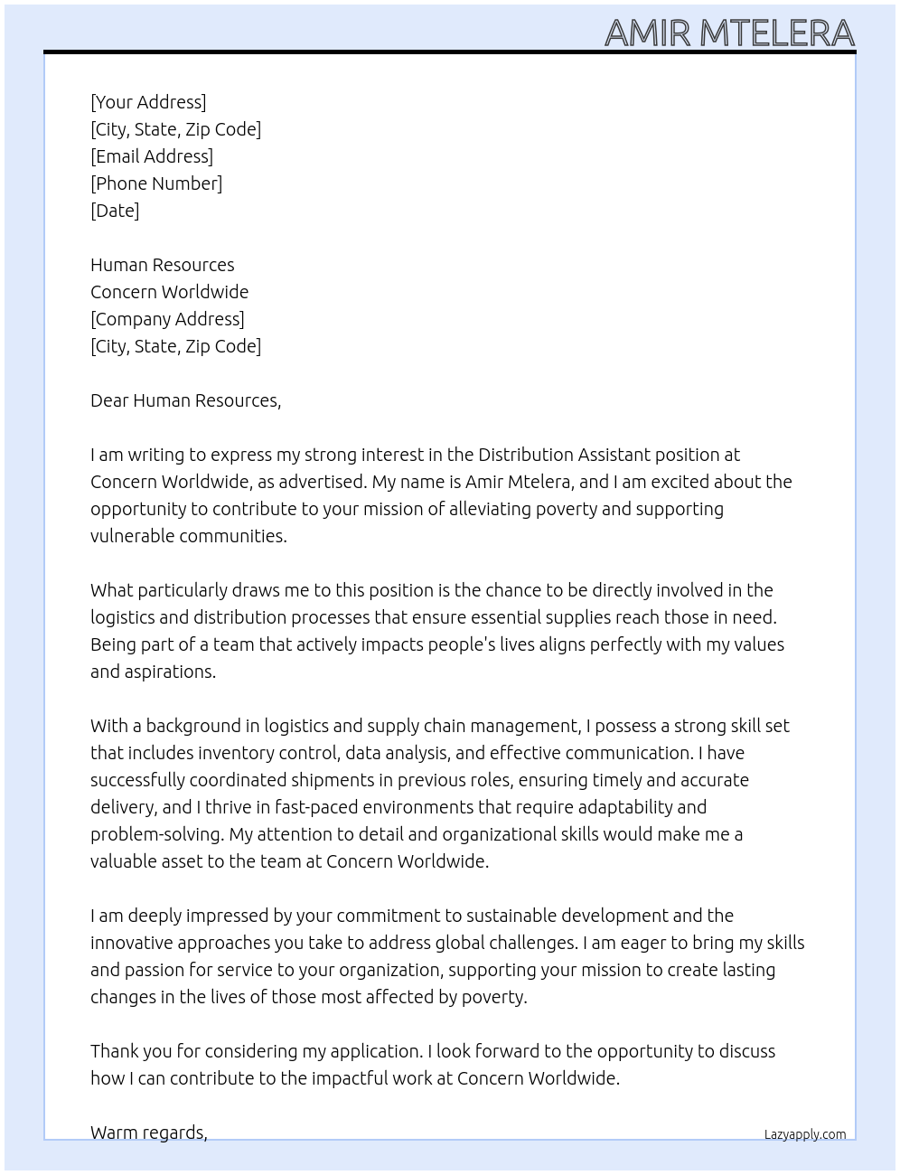 Cover letter for distribution assistant - LazyApply