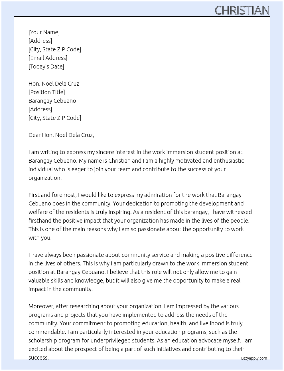 Cover letter for work immersion student - LazyApply