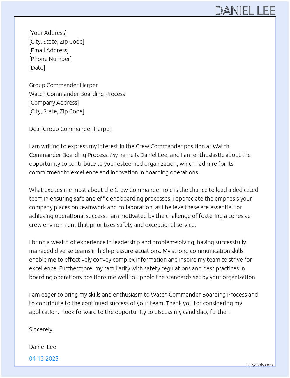Cover letter for crew commander - LazyApply