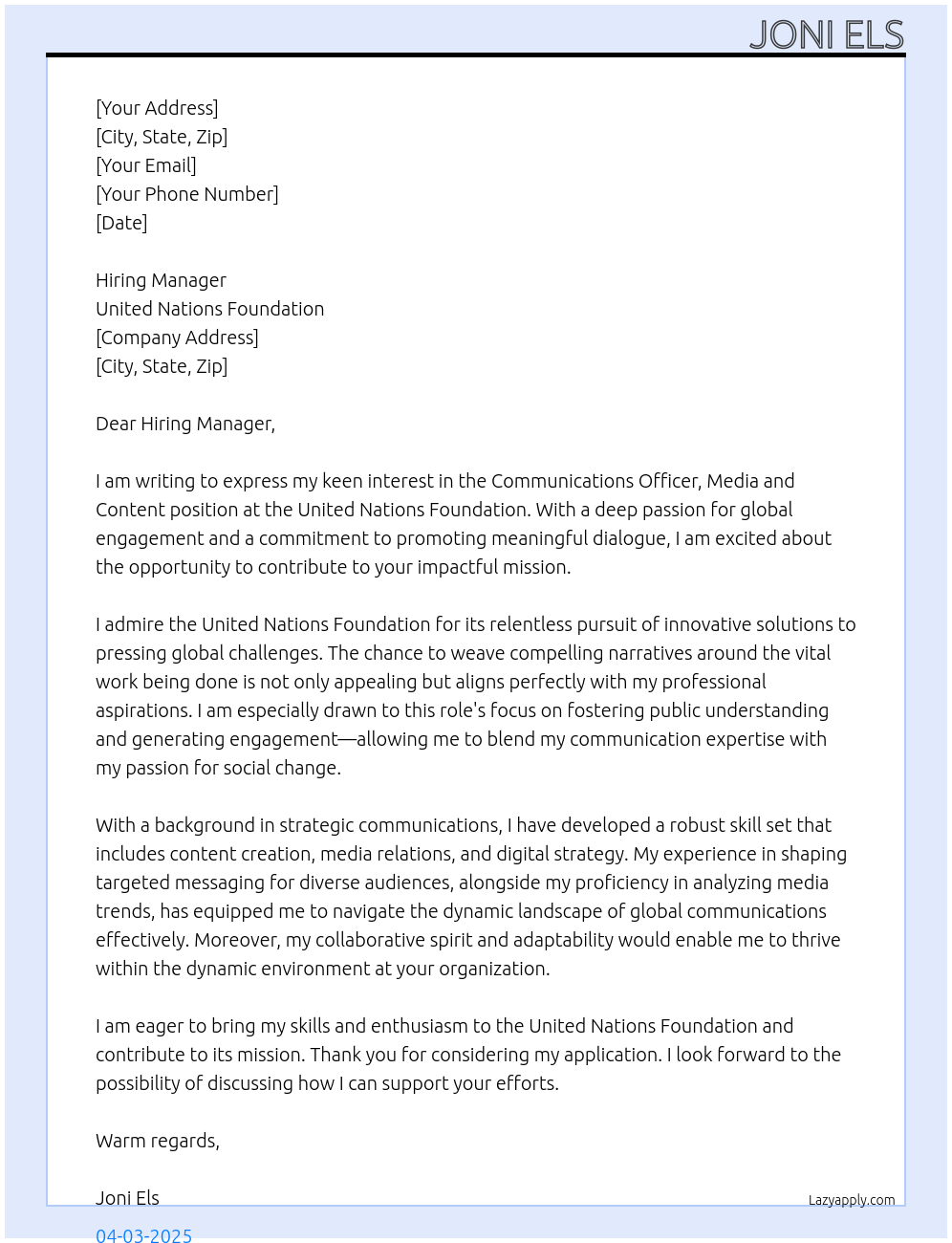 Cover letter for communications officer, media and content, global ...