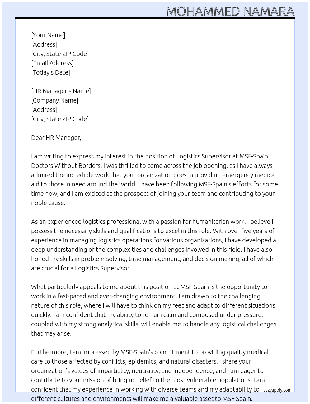 Cover letter for logistics supervisor - LazyApply