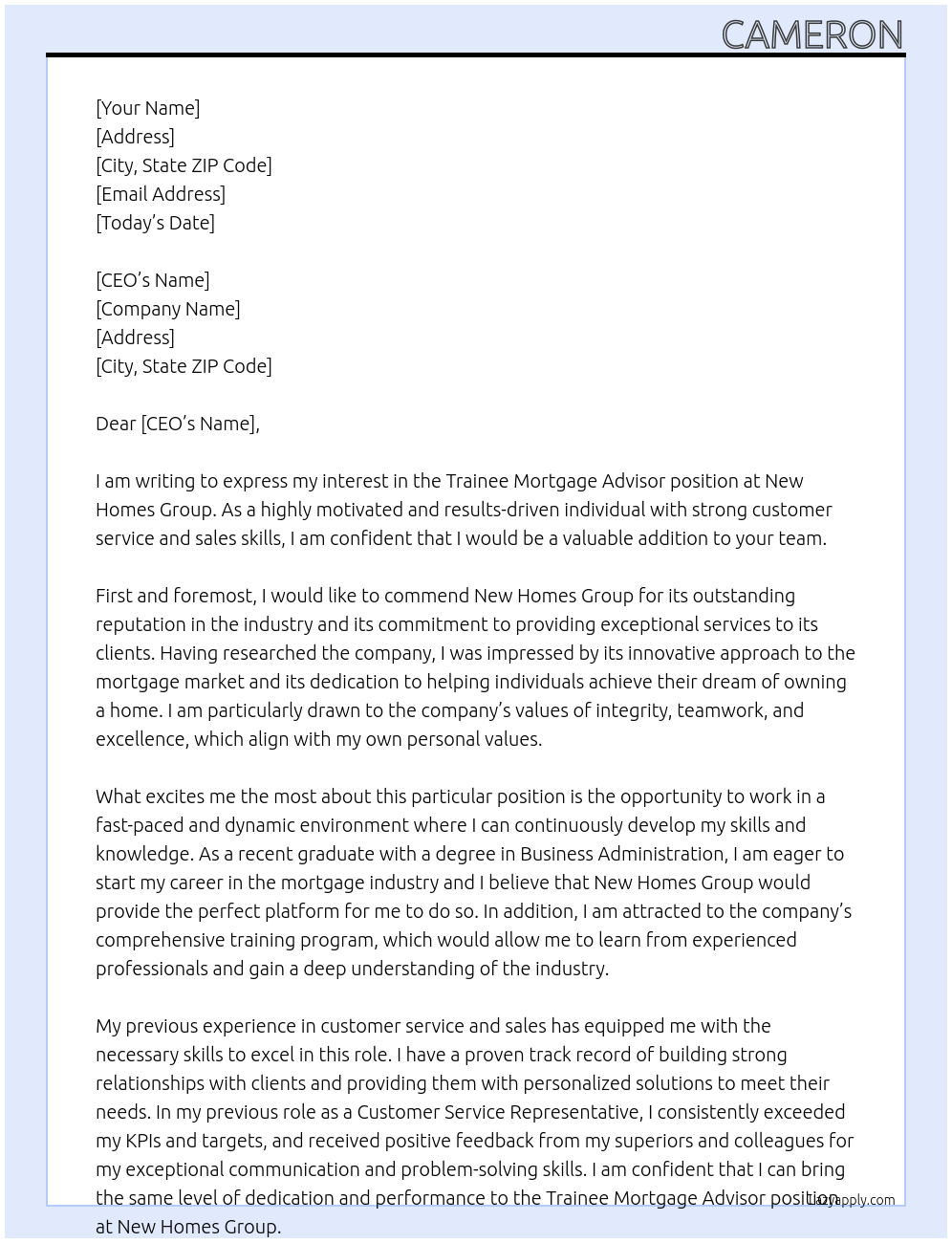 Cover letter for trainee mortgage advisor - LazyApply