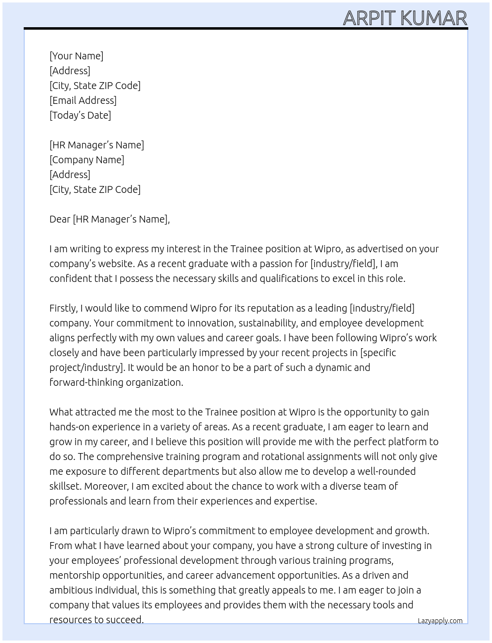 Cover letter for trainee - LazyApply