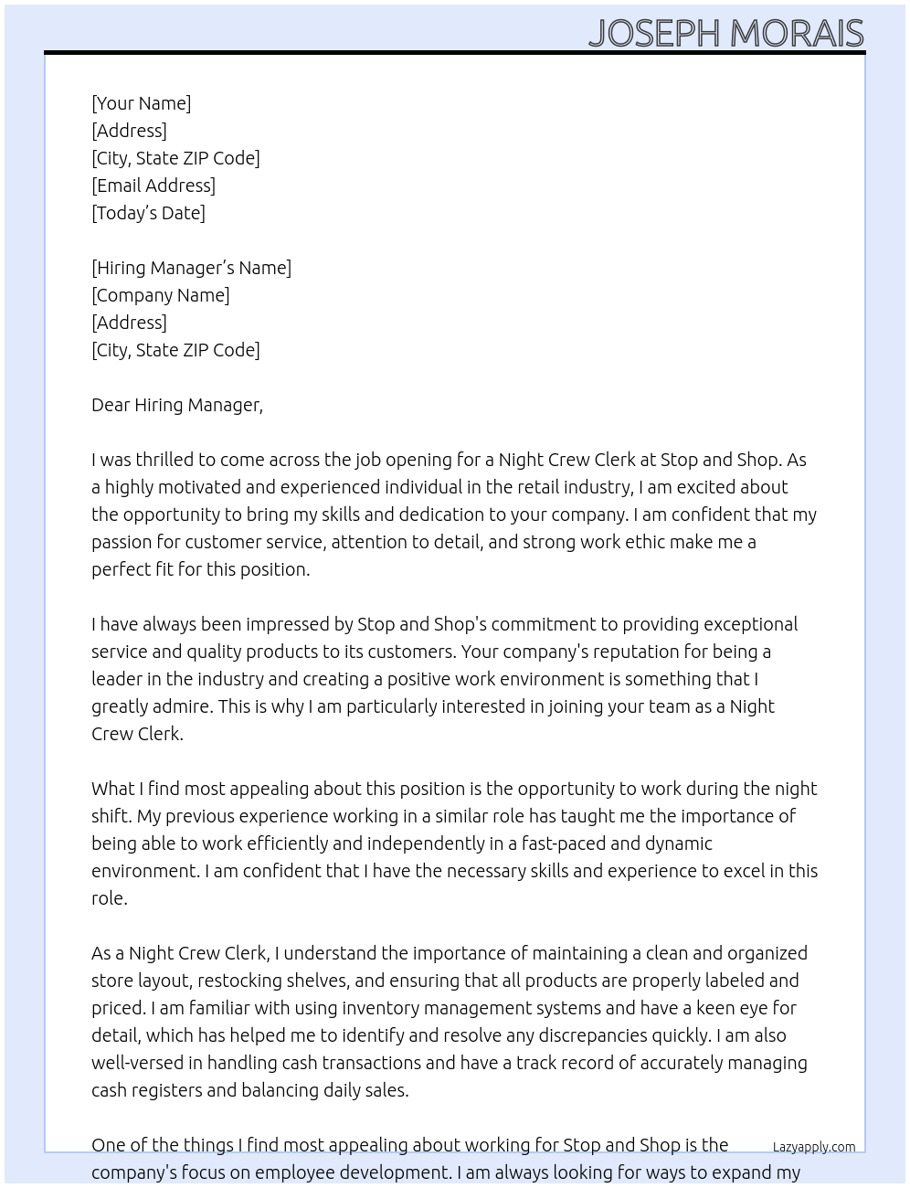 Cover letter for night crew clerk - LazyApply