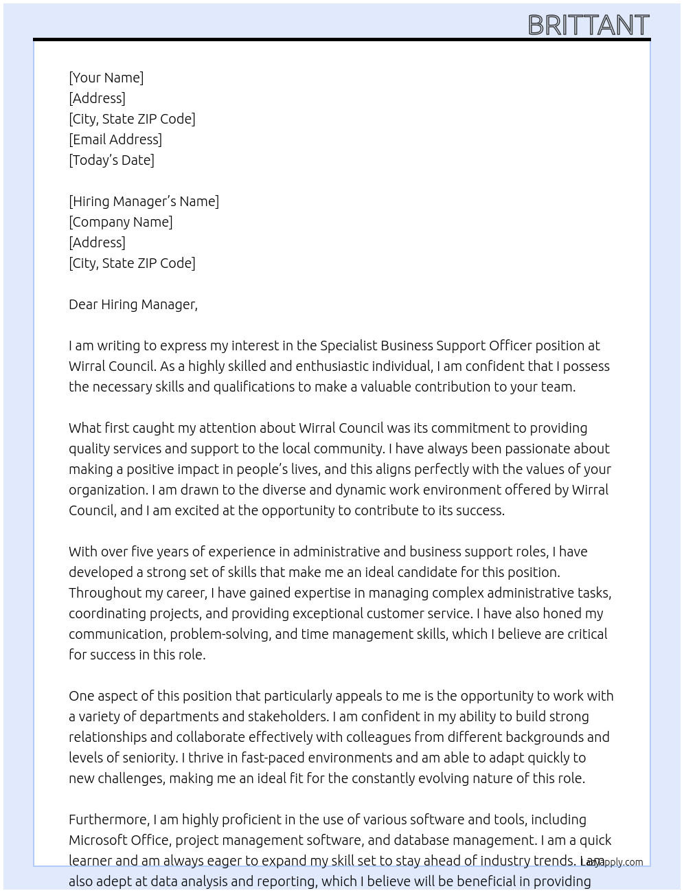 Cover letter for specialist business support officer - LazyApply
